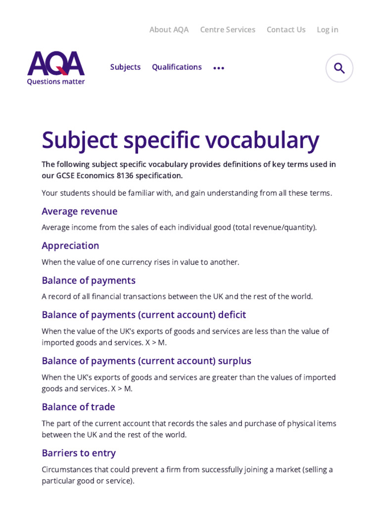 AQA - Subject Specific Vocabulary | PDF | Taxes | Inflation