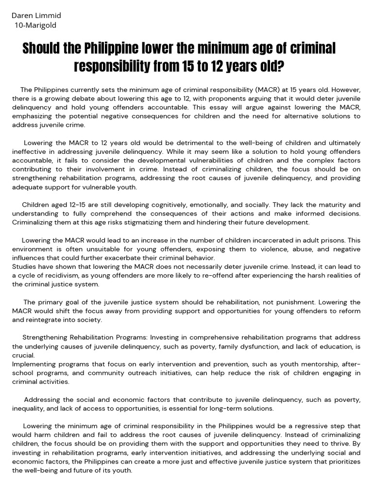 The Philippines Currently Sets The Minimum Age of Criminal ...
