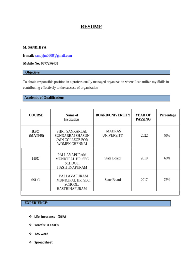 M. Sandhiya's Professional Resume | PDF