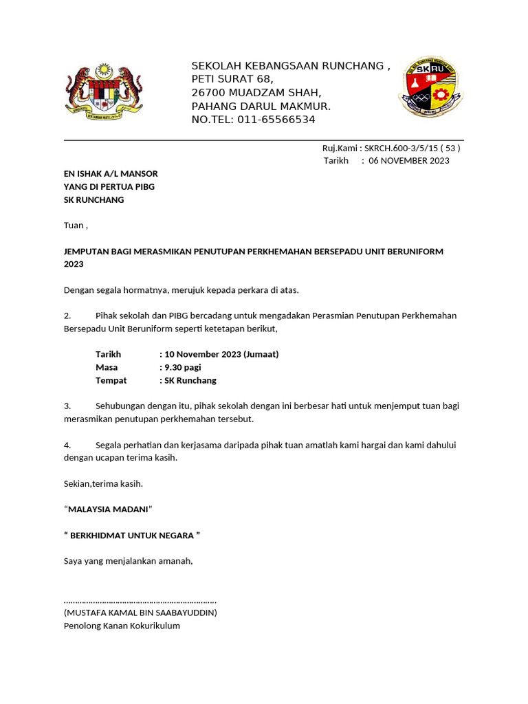 SRT Jemput Ydp Pibg Rasmi Khemah | PDF