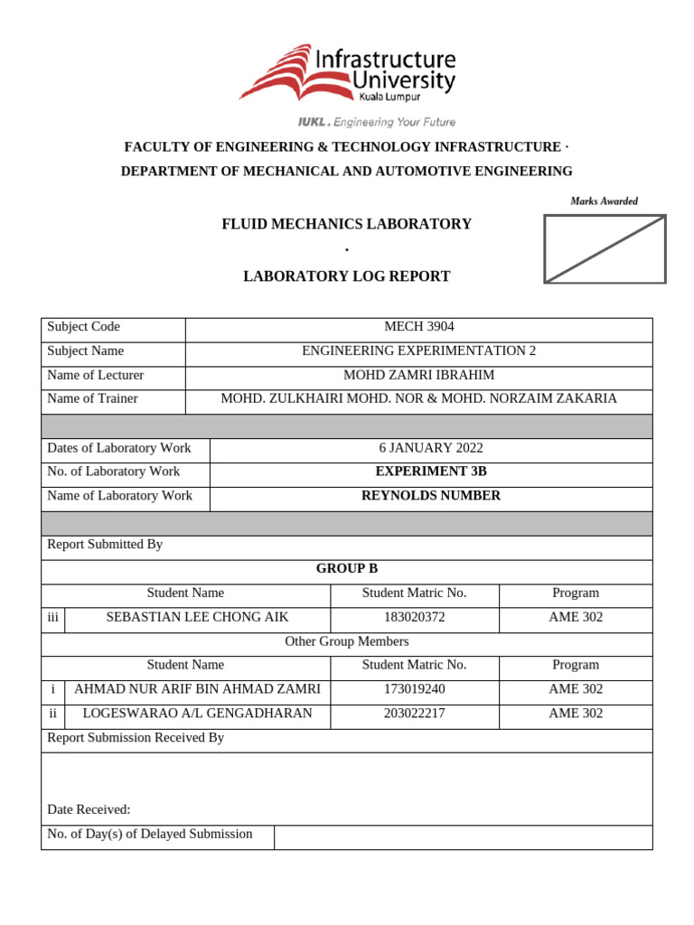 Experiment 3B - Reynolds Number (Log Report) | PDF | Reynolds Number | Fluid Dynamics