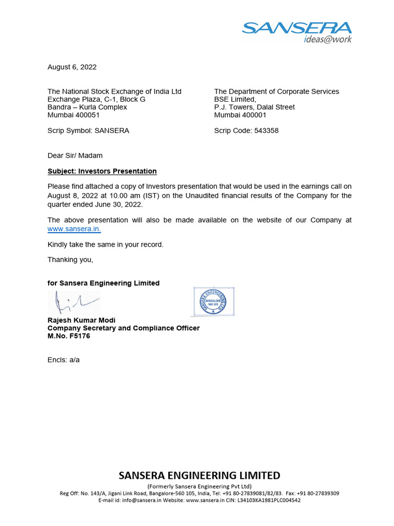 Sansera Engineering Q1 FY23 Highlights | PDF | Business | Technology & Engineering