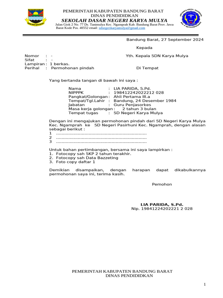 Format Usulan Pindah Tugas Lia Parida S P D | PDF