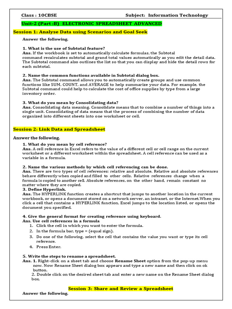 Chapter-2 Electronic Spreadsheet Advance | PDF | Spreadsheet | Worksheet