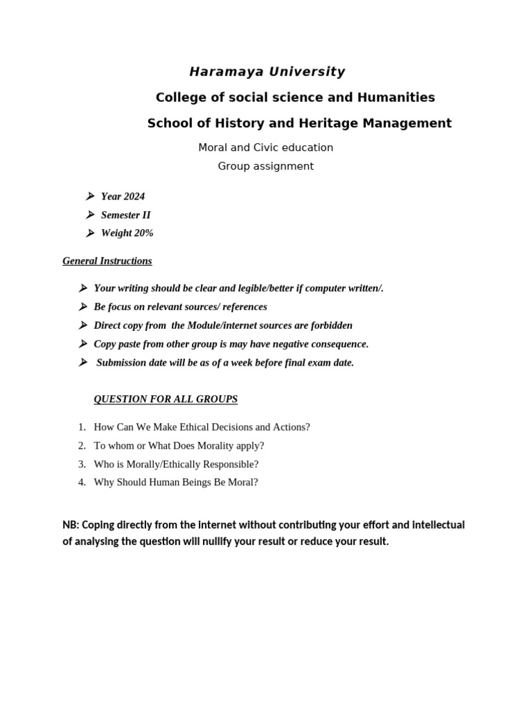 Moral and Civic Education Group Assignment 2024 | PDF