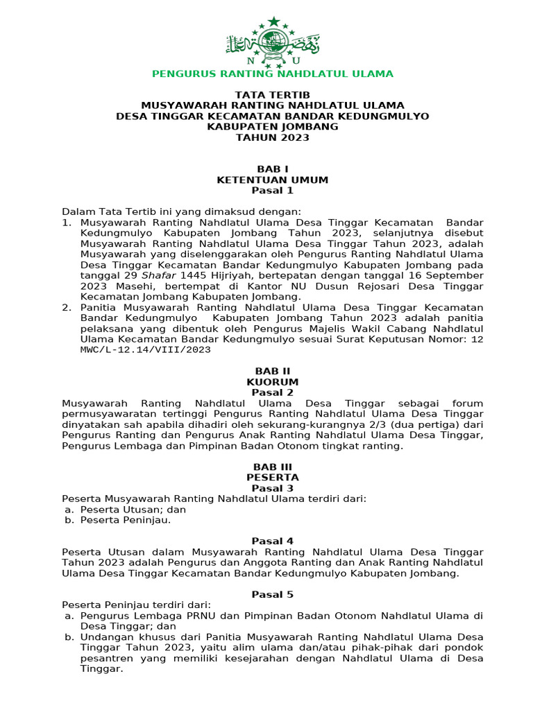 Rancangan Tata Tertib - Sesuai Peraturan Pbnu | PDF