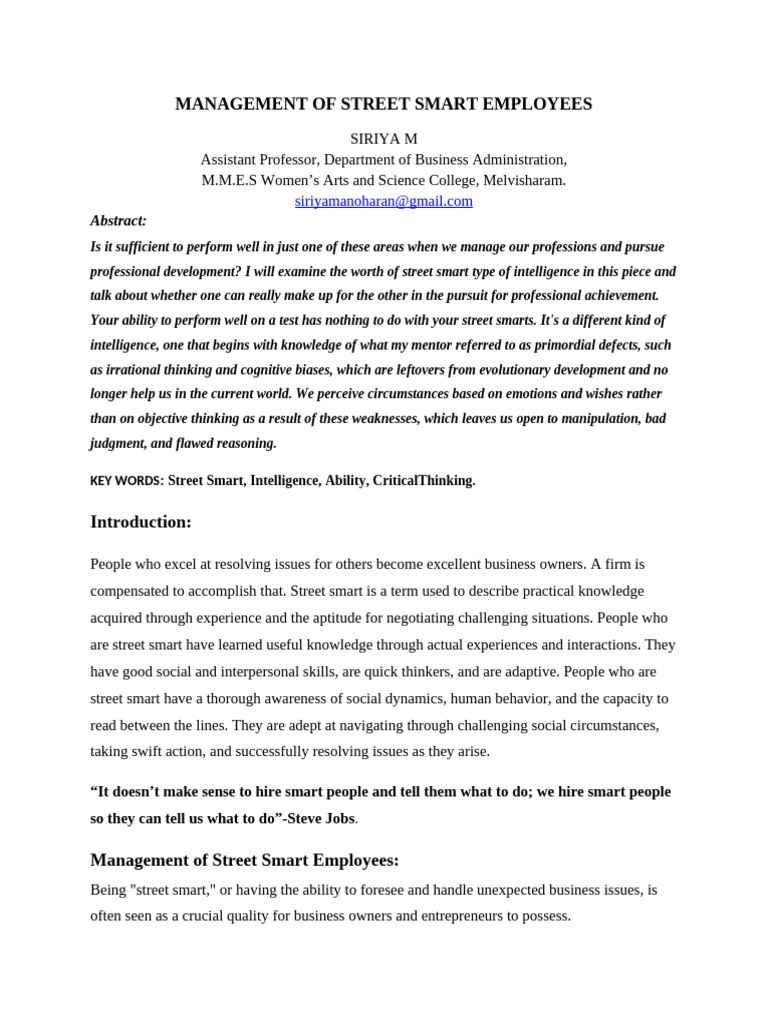 Management of Street Smart Employees | PDF | Thought | Leadership