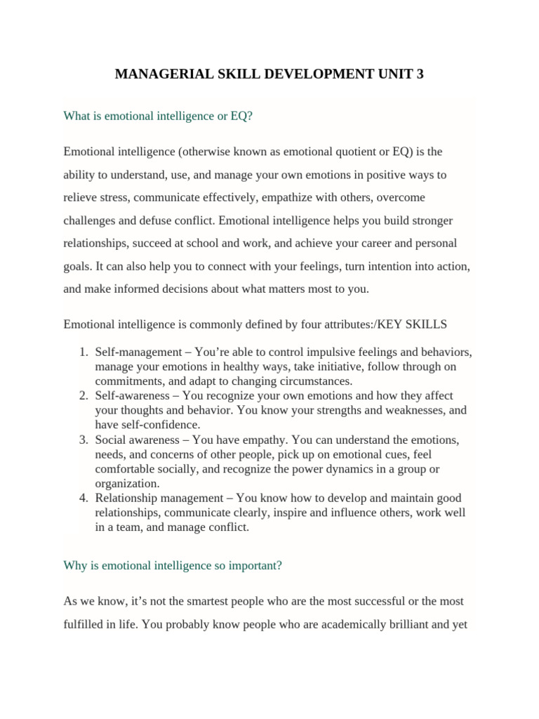 Managerial Skill Development Unit 3 | PDF | Emotional Intelligence ...