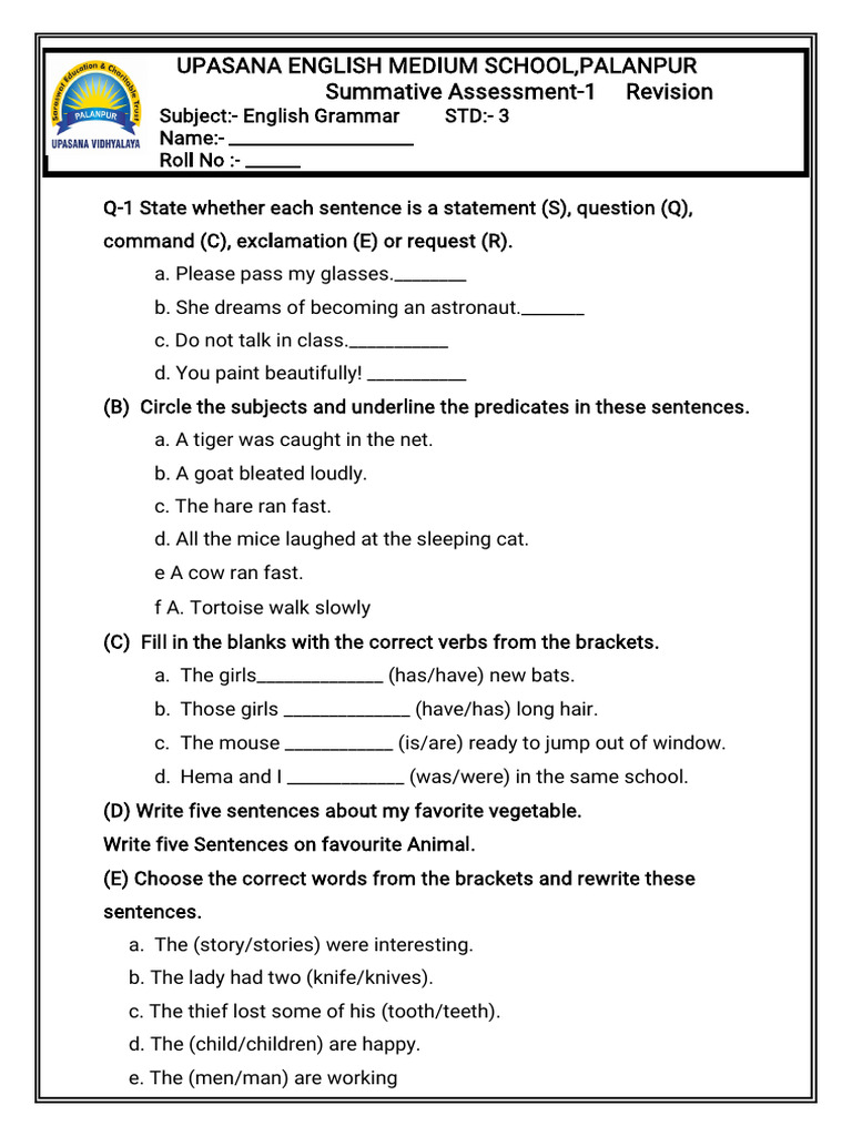 STD3 English Grammar SA1revision | PDF | Sentence (Linguistics) | Subject (Grammar)