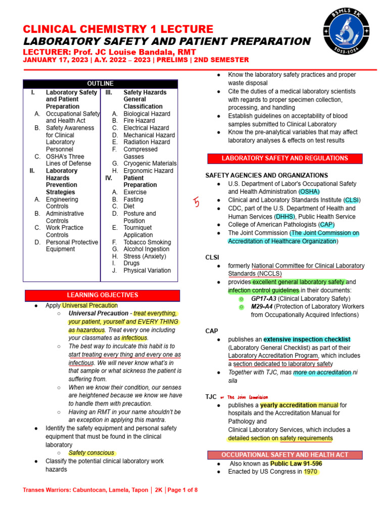Laboratory Safety and Patient Preparation - SPC Mls 2k - Clin Chem Lec ...