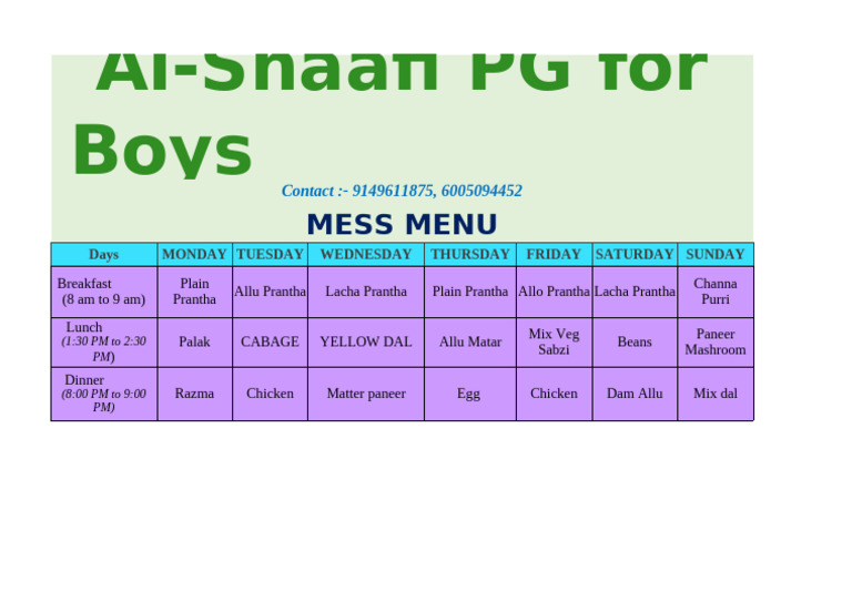 Mess Menu | PDF