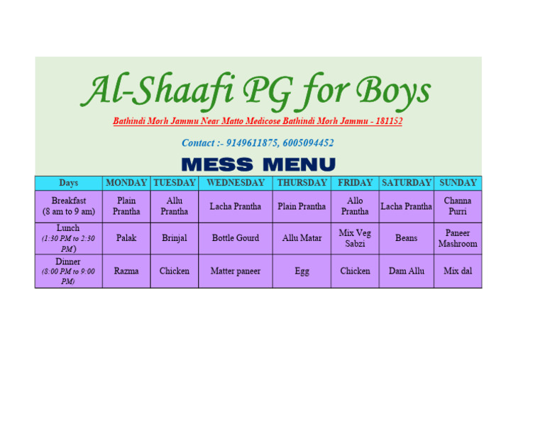 Mess Menu | PDF