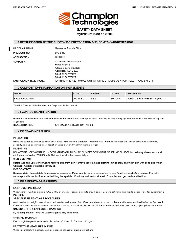 Hydrosure Biocide Stick Safety Data Sheet | PDF | Firefighting | Fires