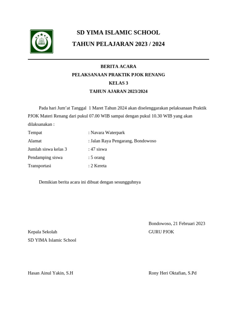Praktik Renang Kelas 3 SD YIMA 2024 | PDF