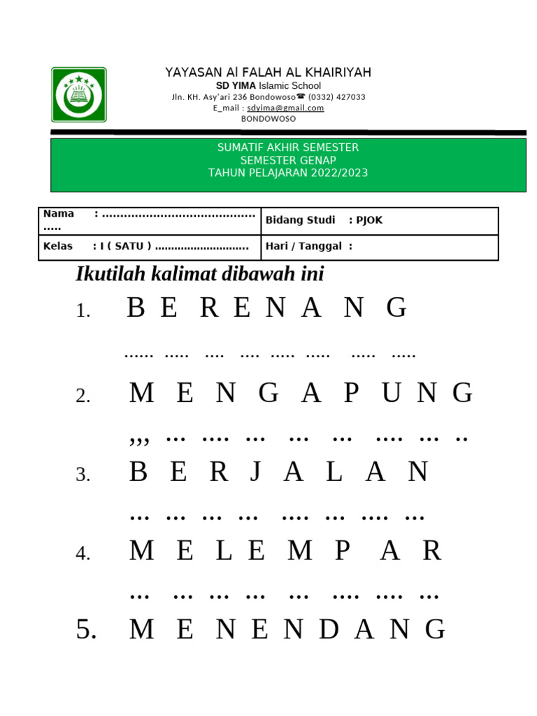 Soal PJOK Kelas I SD YIMA 2023 | PDF
