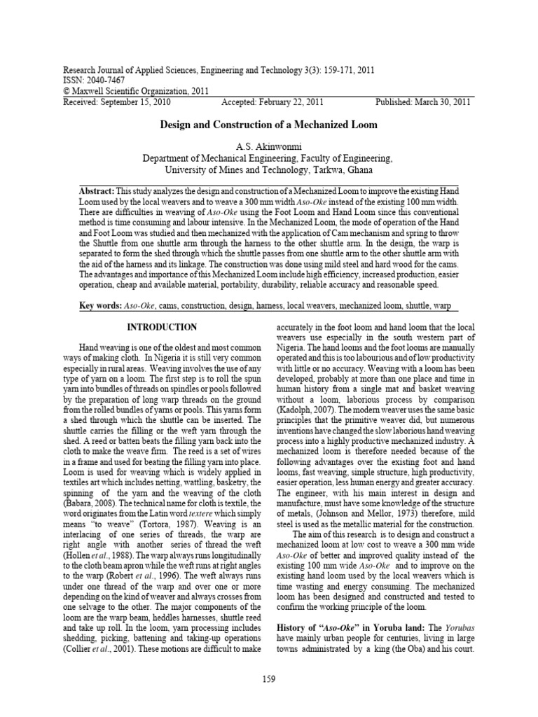 Mechanized Loom Design and Construction | PDF | Loom | Weaving