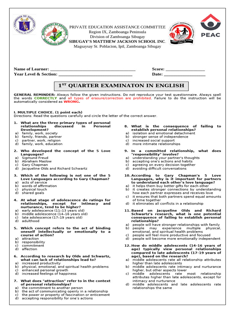 Grade 11 Per Dev TQS | PDF | Adolescence | Conformity