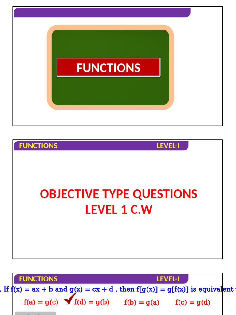Maths XI - Functions - Objective Type Questions Level 1 Class Work | PDF