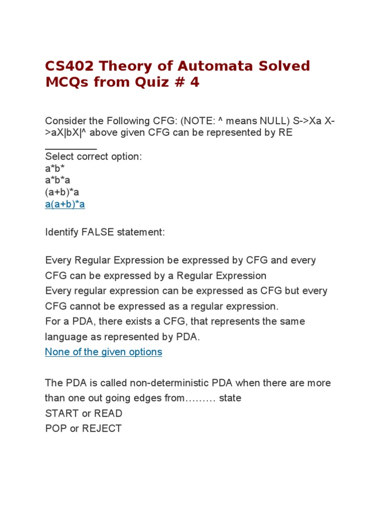CS402 Theory of Automata Solved MCQs From Quiz | PDF | Applied Mathematics | Formal Methods