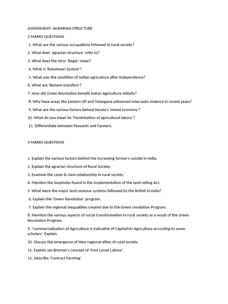 Agrarian Structure Notes | PDF