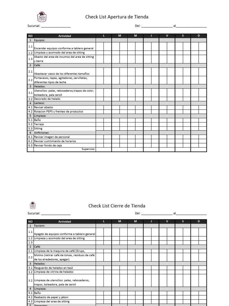 Check List Apertura y Cierre - Formato Uso | PDF | Cocina, comidas y ...