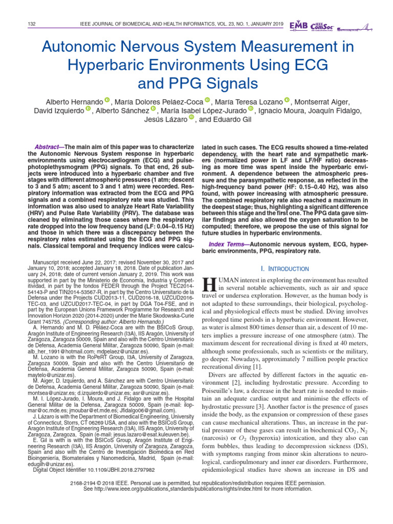 利用ECG和PPG信号测量高压环境中的自主神经系统 | PDF | Spectral Density