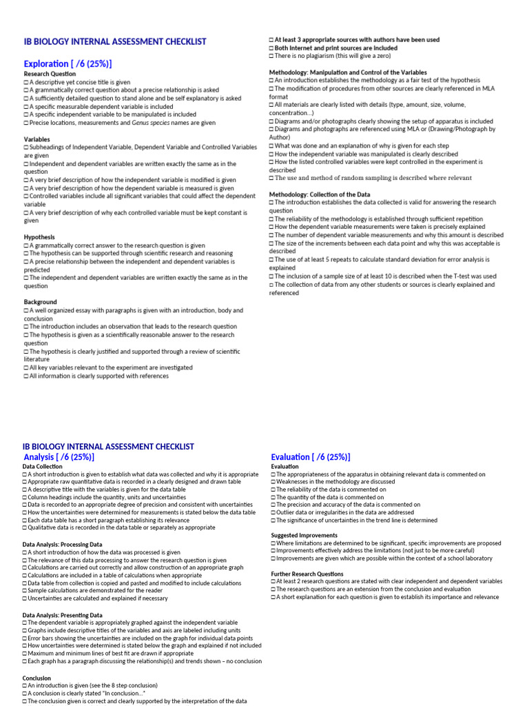 IB Biology IA Checklist | PDF | Data | Methodology