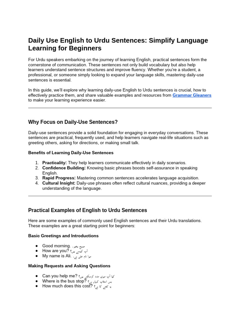 Daily Use English To Urdu Sentences - Simplify Language Learning For Beginners | PDF | English ...
