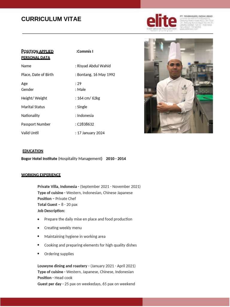 CV Elite - Risyad | PDF | Chef | Japanese Cuisine