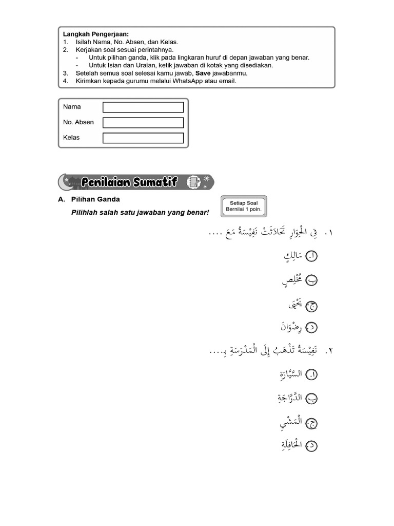 MI Bahasa Arab 4 Penilaian Sumatif Bab 1 | PDF