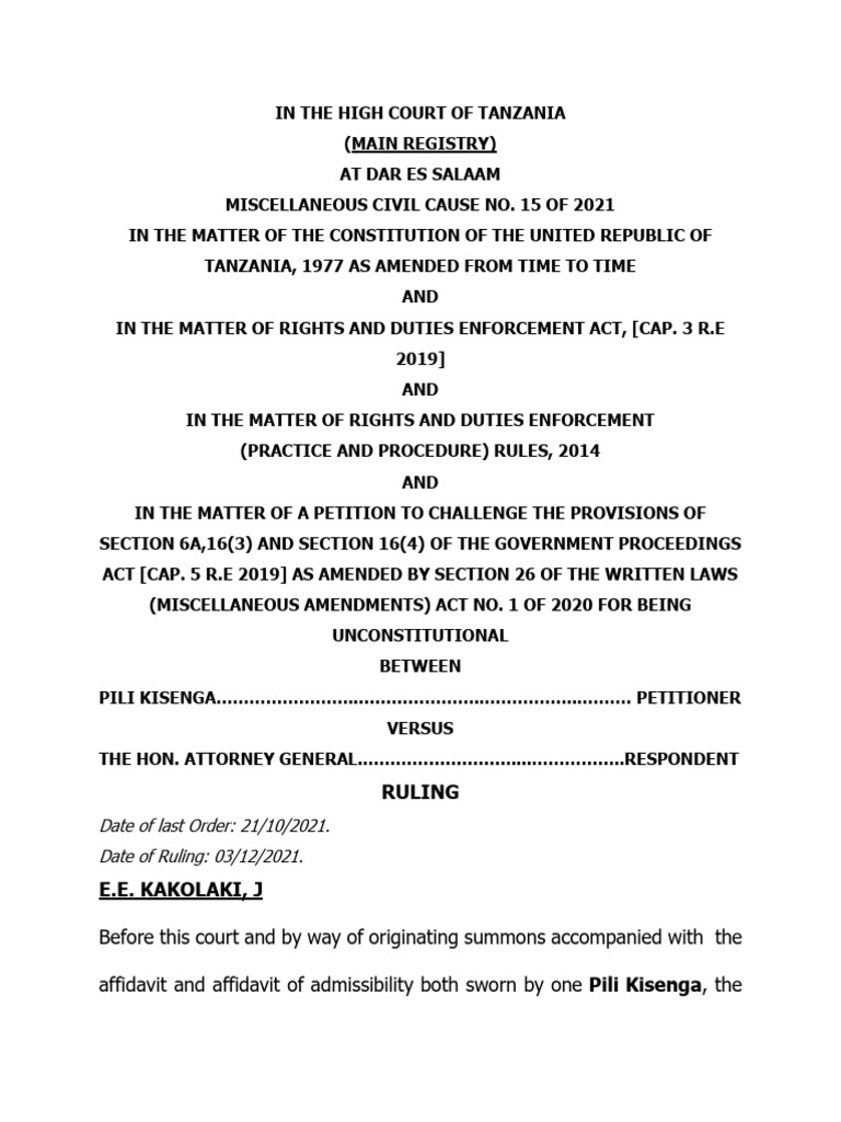 Pili Kisenga Vs The Hon Attorney General (Misc Civil Cause 15 of 2021 ...