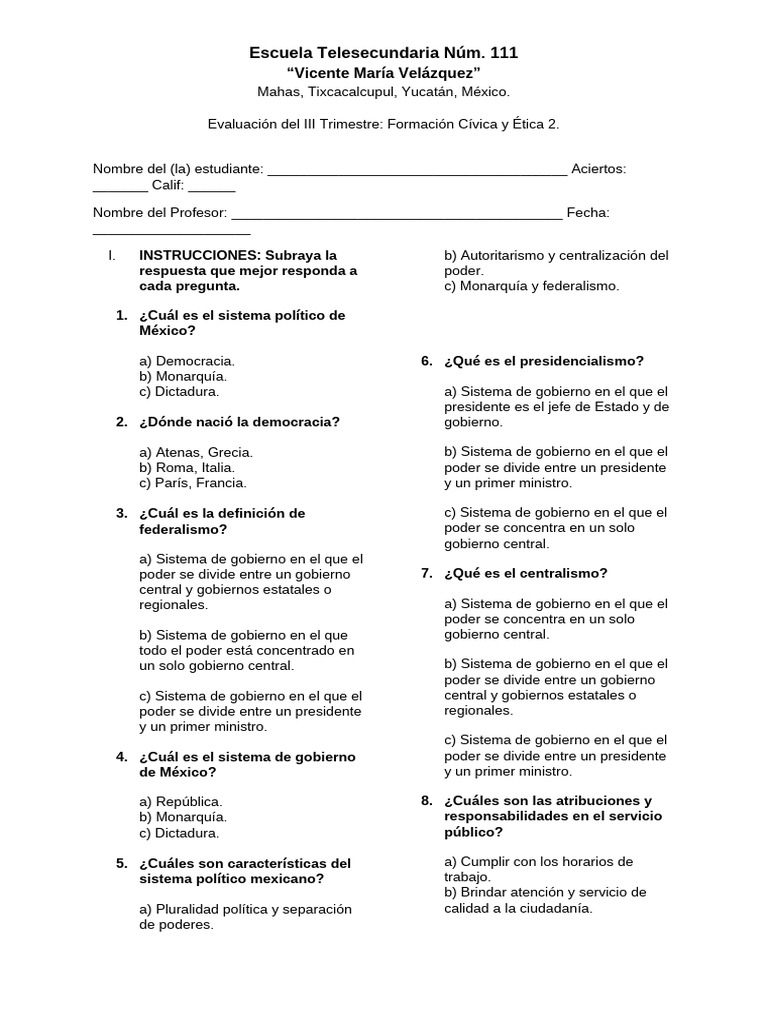 Eval. III Trimestre FCyE 2 | PDF | México | Politica de mexico