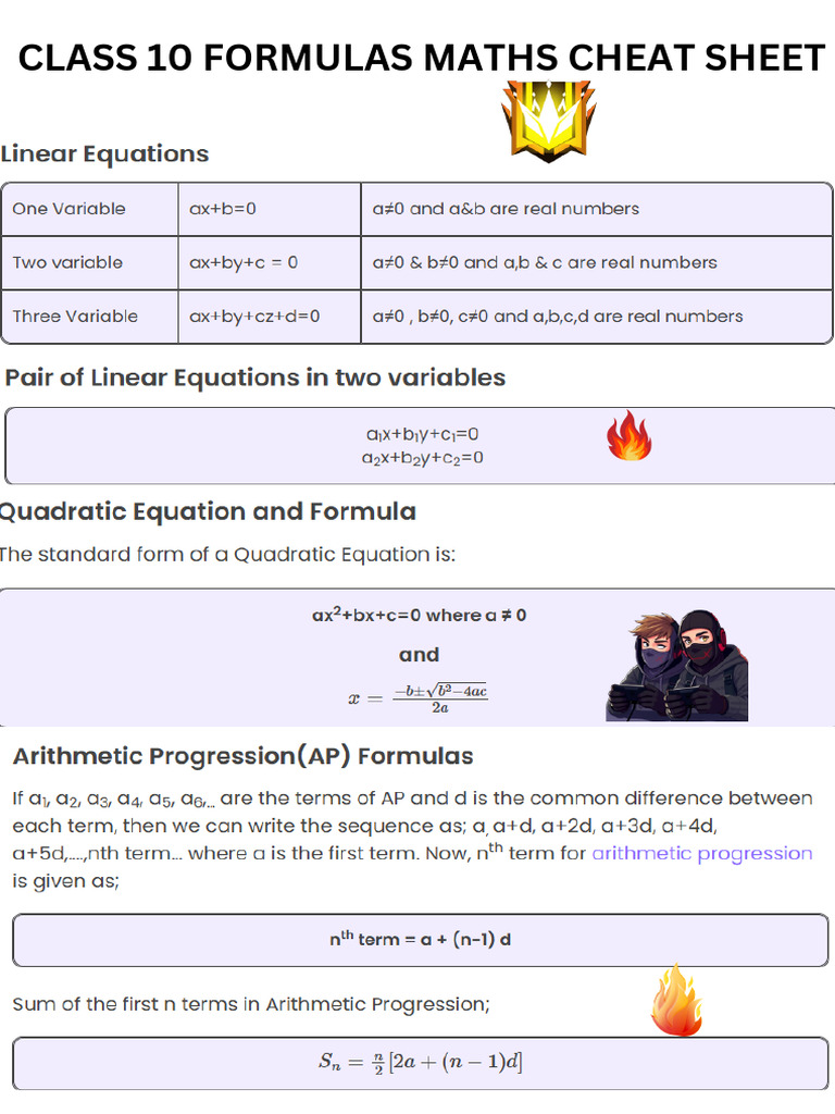 Class 10 Formulas Maths Cheat Sheet | PDF