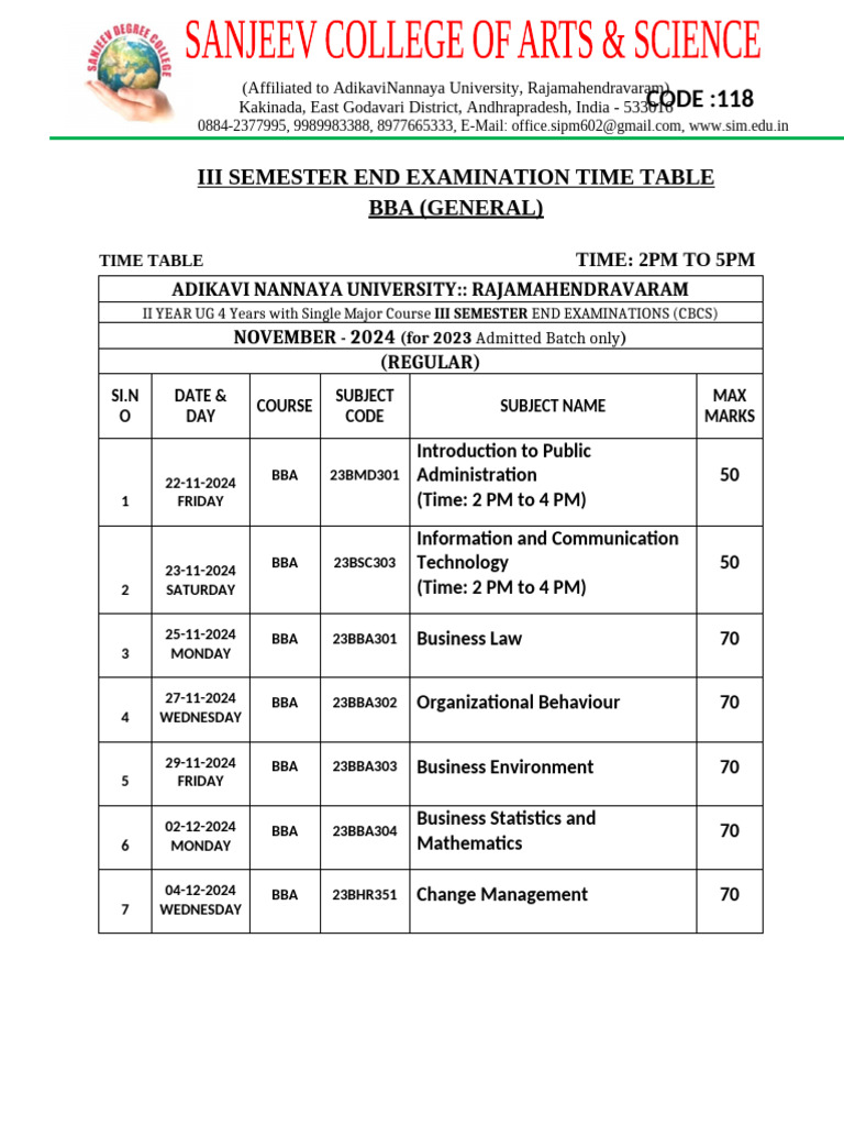 Bba 3rd Sem Exam Schedule Nov 2024 Pdf