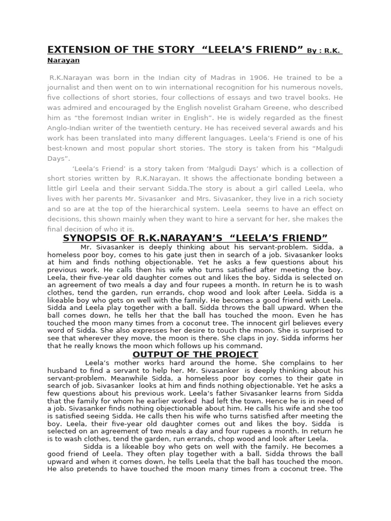 EXTENSION OF THE STORY Leela's Friend | PDF