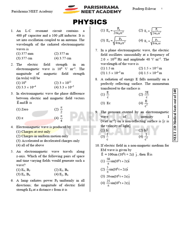 Physics 01 10 Q | PDF | Waves | Electromagnetic Radiation