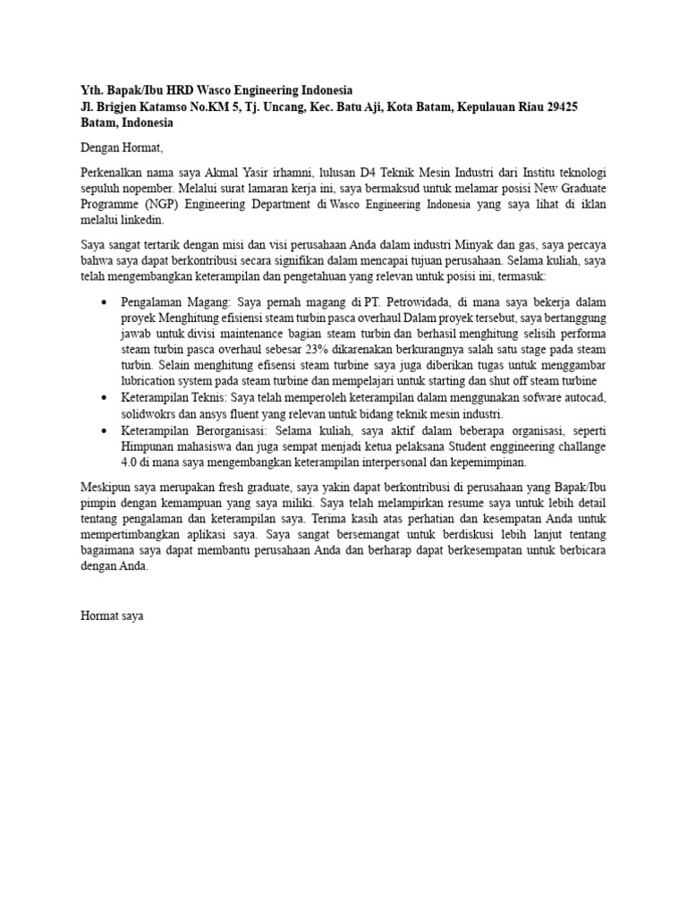 Cover Letter - PT Wasco | PDF