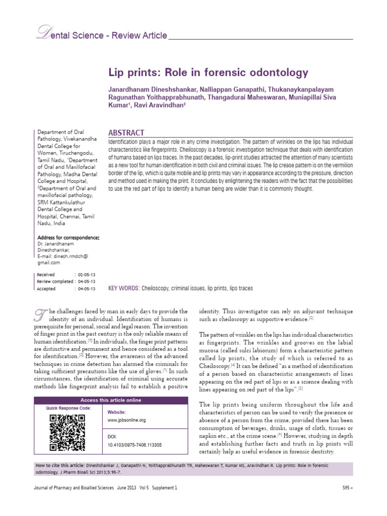 Lip Prints Role in Forensic Odontology.22 | PDF | Fingerprint ...