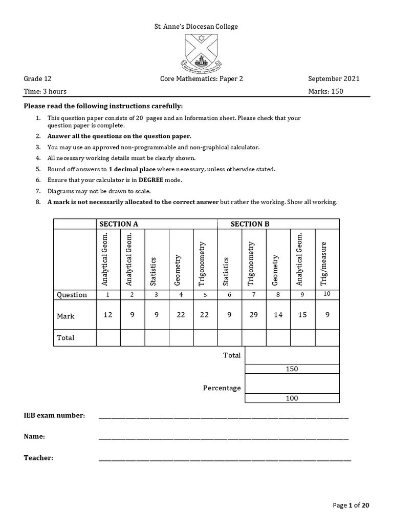 Grade 12 Core Math Exam Paper | PDF | Circle | Euclid