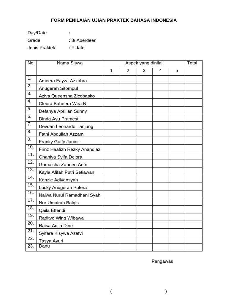 Form Penilaian Ujian Praktek Bahasa Indonesia | PDF