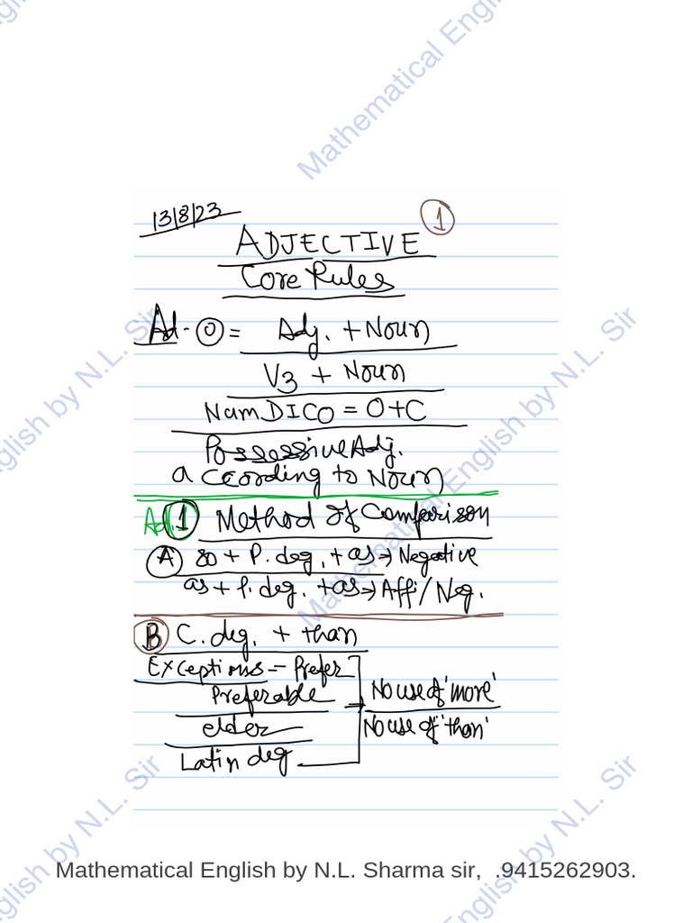 ADJECTIVE Hand Written CORE RULES by Rani Singh Mam | PDF