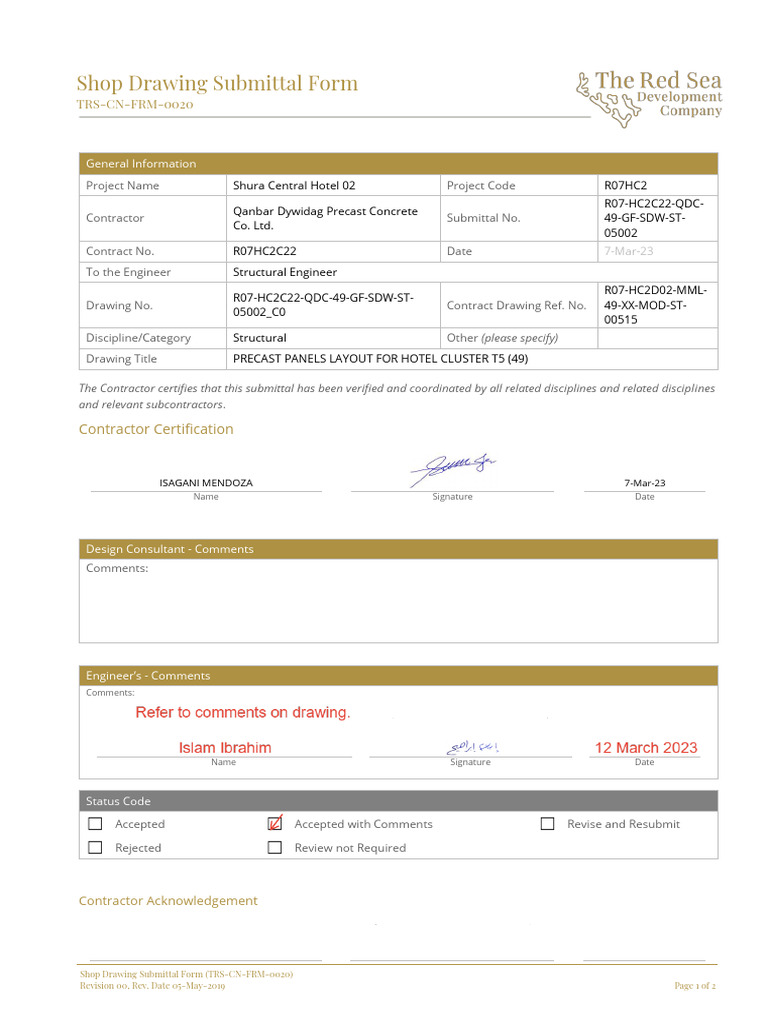 Shop Drawing Submittal Form: TRS-CN-FRM-0020 | PDF | Infographics | Concrete