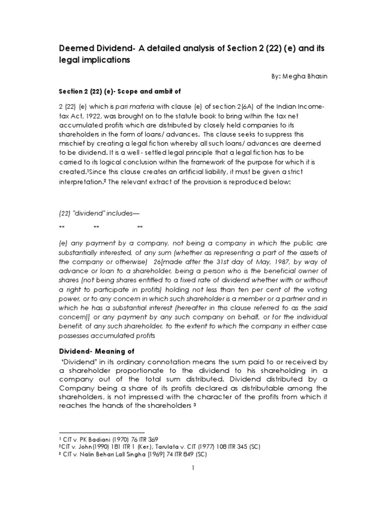 Deemed Dividend-A Detailed Analysis of Section 2 (22) (E) and Its Legal ...