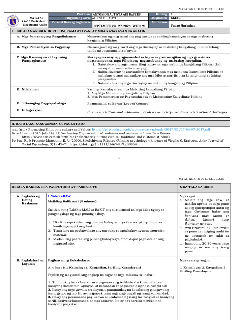 DLL Matatag - GMRC 4 q1 w8-w9 | PDF