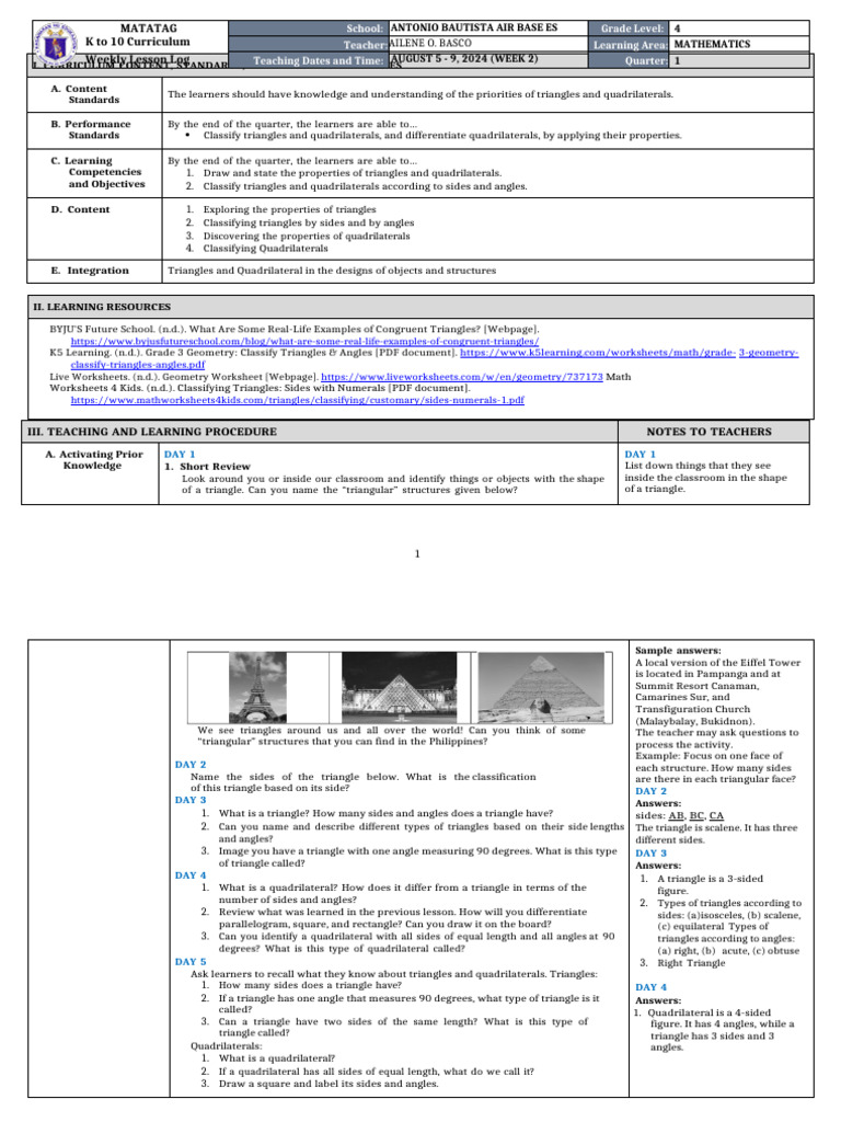 DLL Matatag - Math 4 q1 w2 | PDF | Rectangle | Triangle