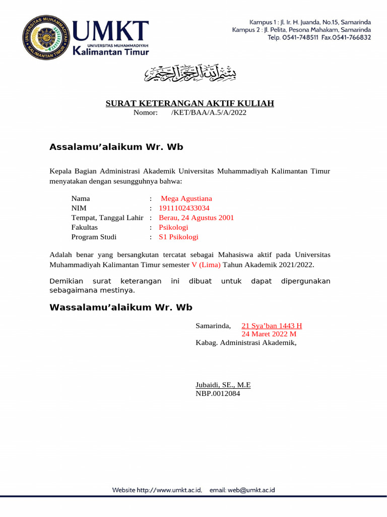 Surat Aktif Kuliah 2020 | PDF
