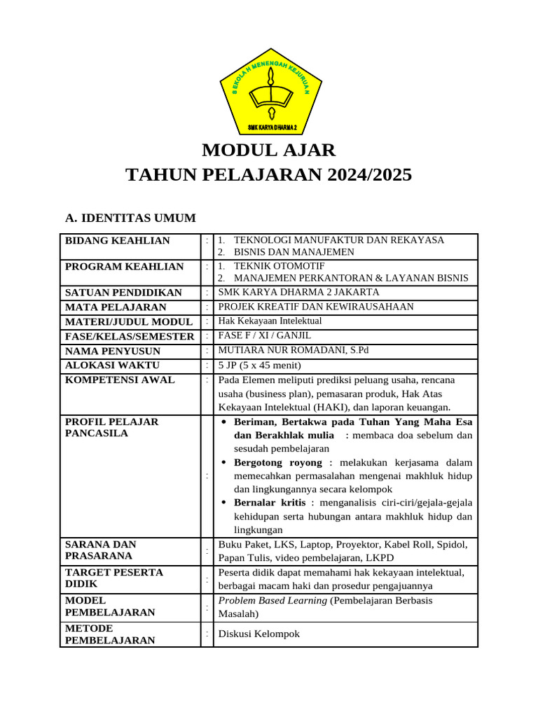 Modul Ajar PKK - 11 TKR | PDF | Karier & Perkembangan | Seni