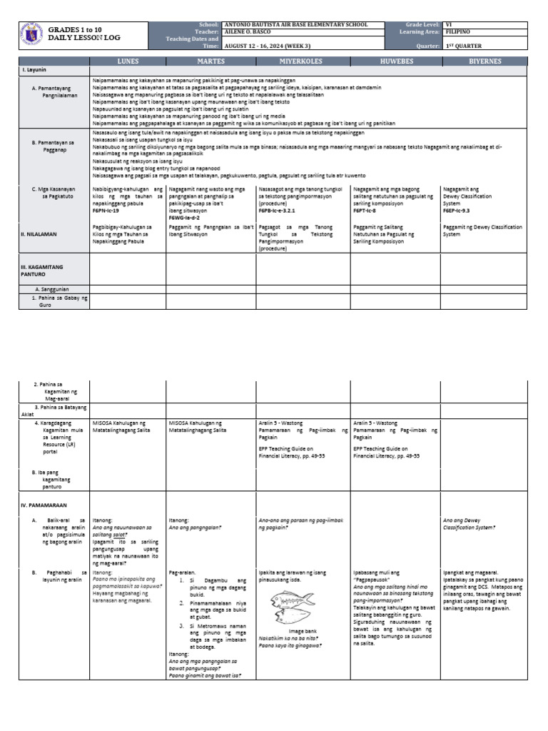 DLL Filipino 6 q1 w3 | PDF