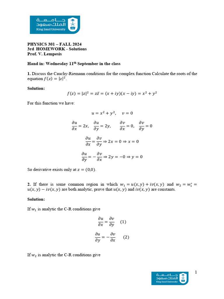 HMW 3 PHYS 301 FALL 2024-Solutions | PDF | Mathematical Objects | Equations