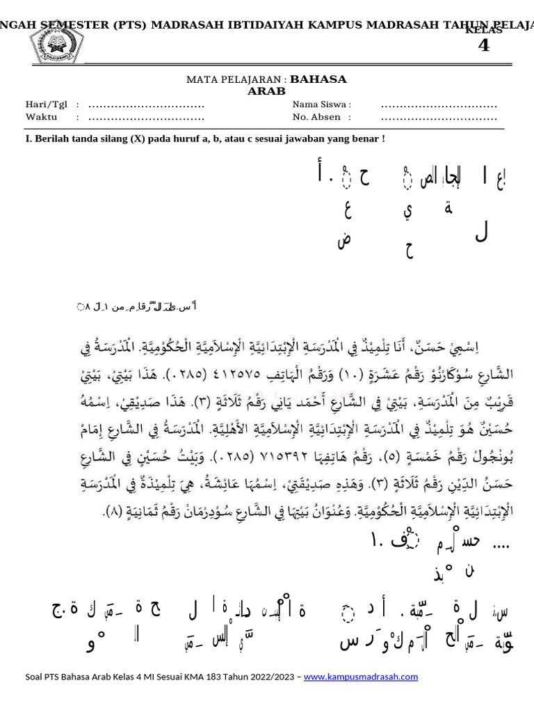 PTS Kelas 4 Mi B. Arab | PDF